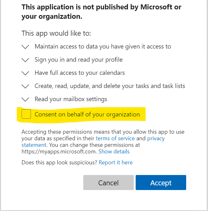 Explanation of Office 365 Consent Permissions for Inspire