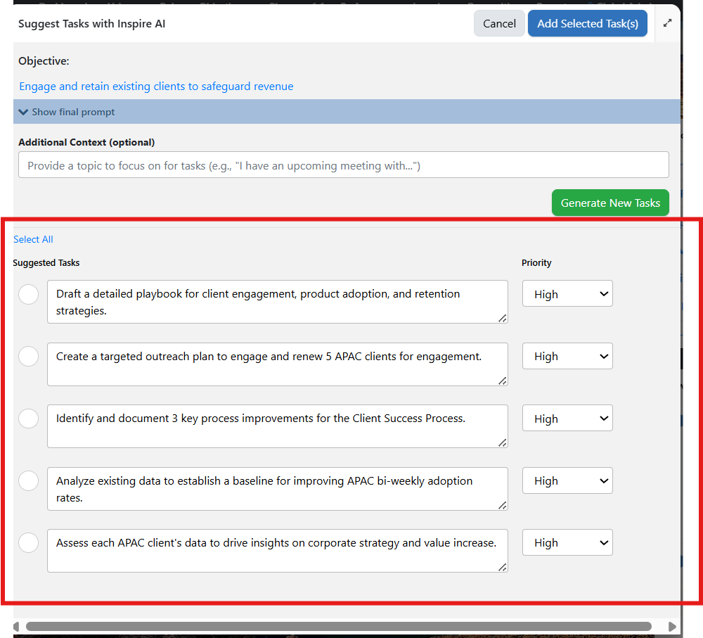 Set priority for AI generated tasks on the Objective Activity Widget